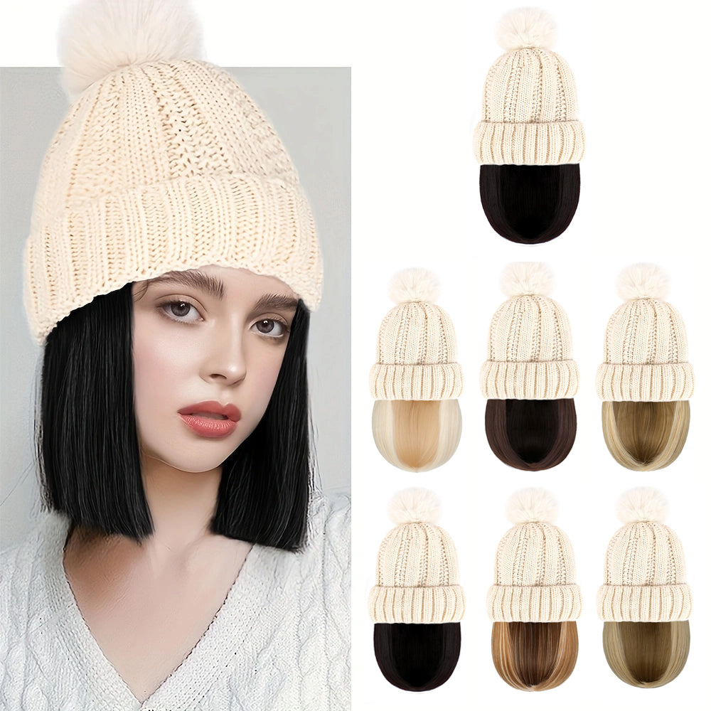 beanie Hat with Hair Extensions Cap Attached 9.5'' Straight Short Bob ...