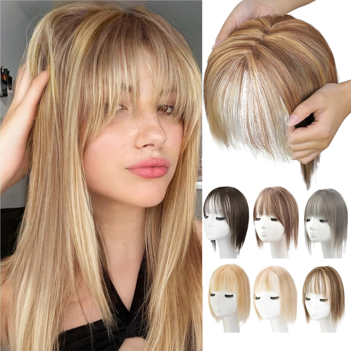 100% Human Hair Toppers for Women Adding Hair Volume Topper with Bangs ...