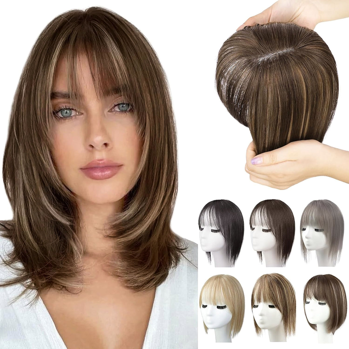 100% Human Hair Toppers for Women Adding Hair Volume Topper with Bangs ...