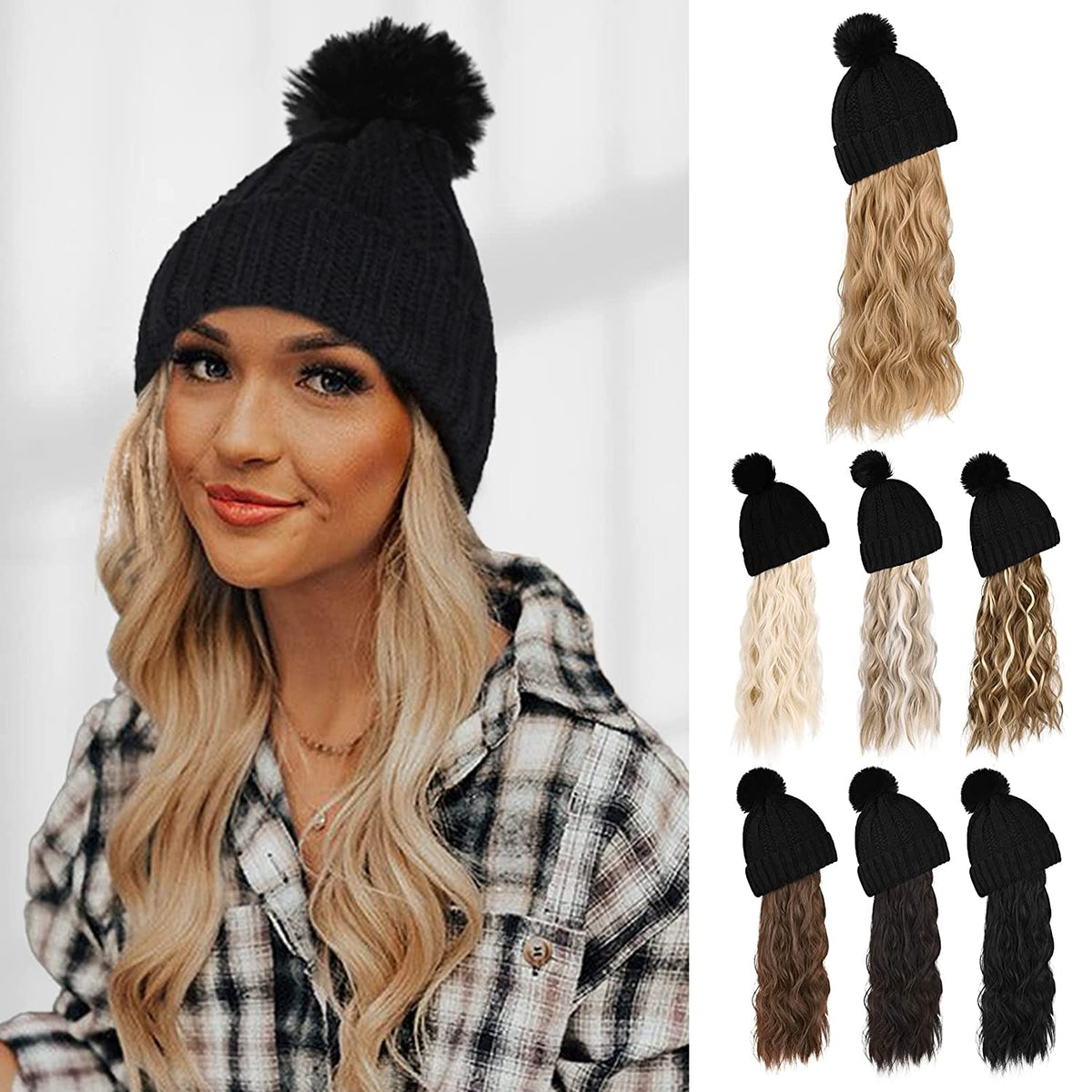 Wigyy Ins Hot Hat Hair Extension Long Wavy Curly Black Hat Wig