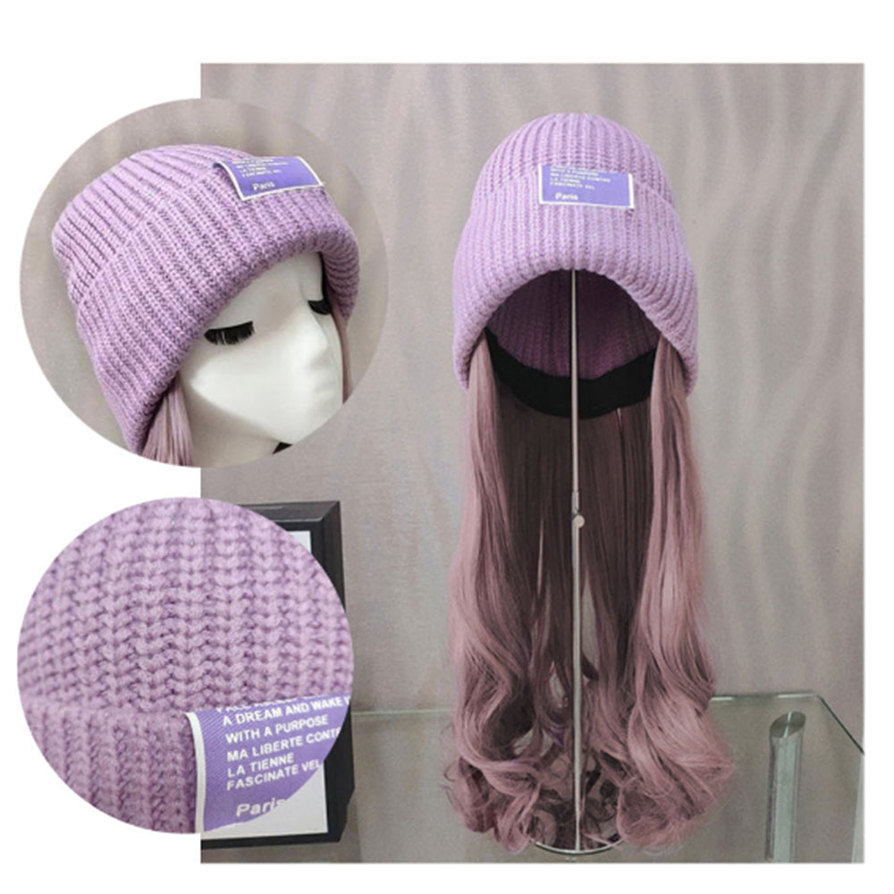 Long Curly Hair Knitted Hat Wig Female Detachable Synthetic Hat Wig ...