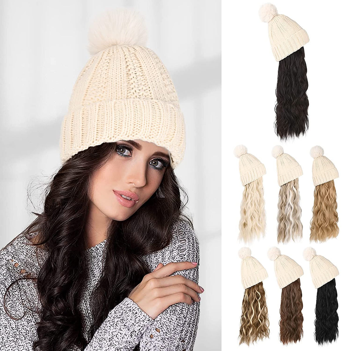 Wigyy Ins Hot Hat Hair Extension Long Wavy Curly White Hat Wig