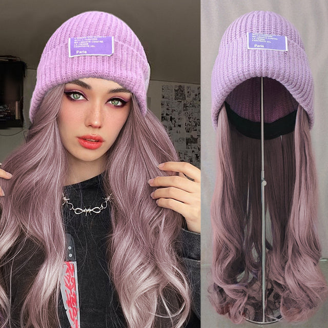 Long Curly Hair Knitted Hat Wig Female Detachable Synthetic Hat Wig ...