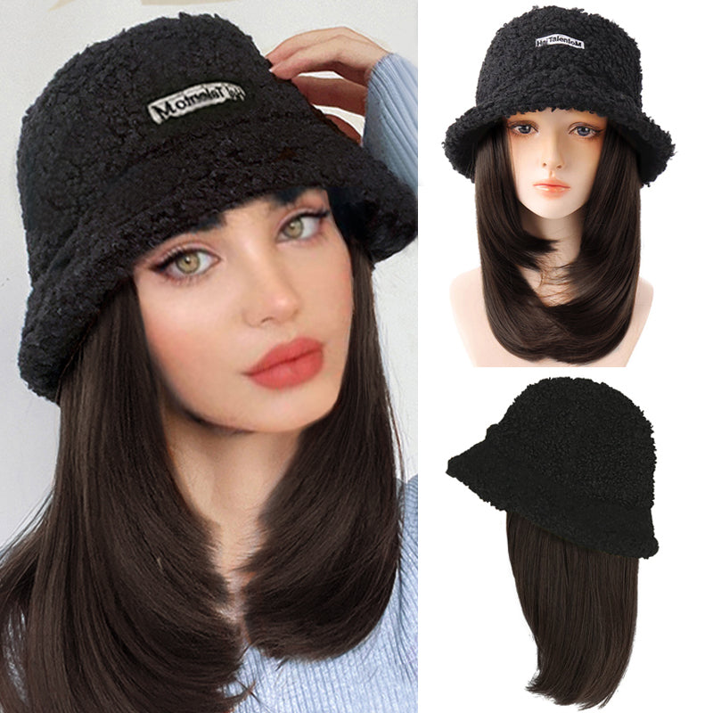 Lamb Hair Fisherman Hat mid-Length Wig Hat Wig Combination Warm and ...